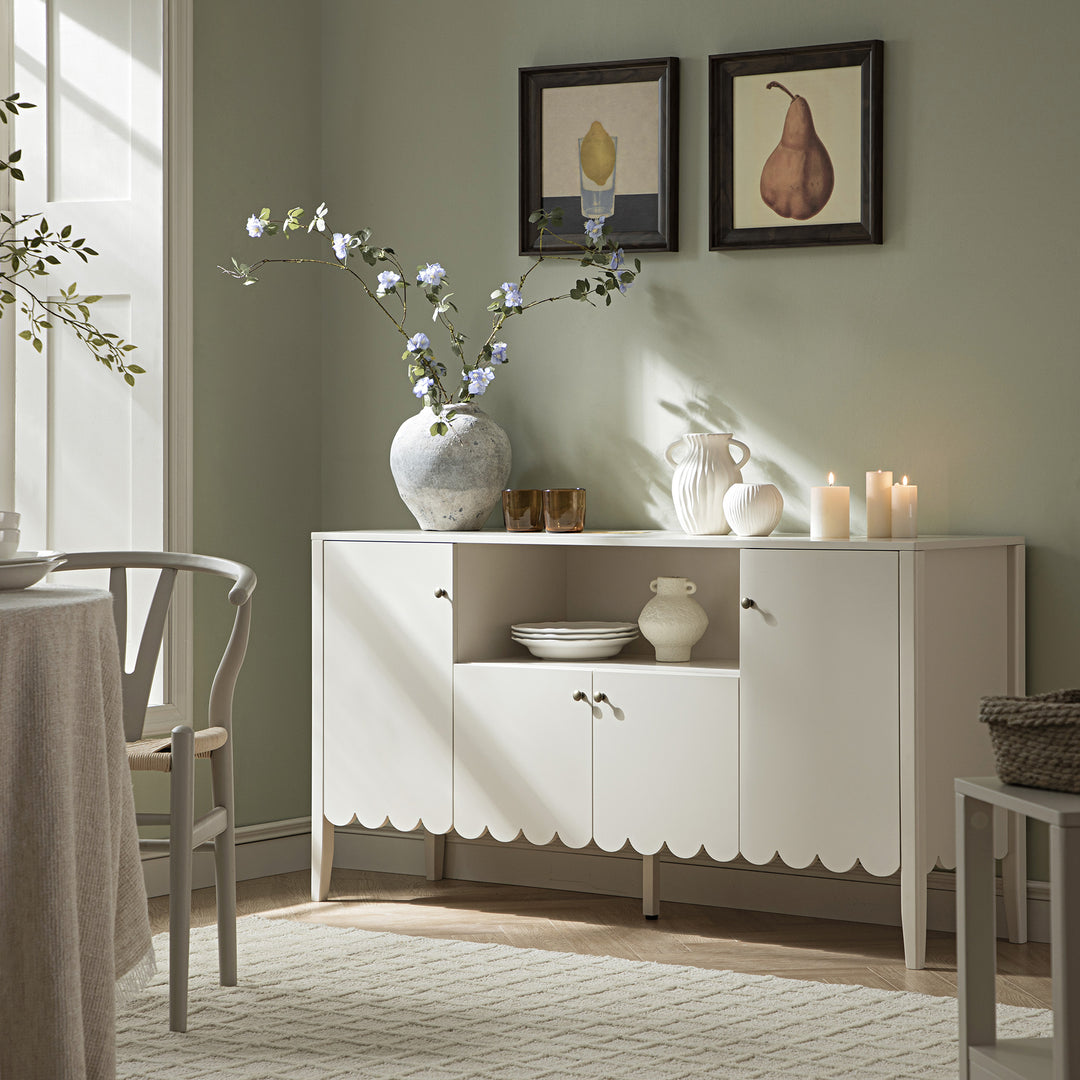 Henley Scalloped Edge 150cm Wide Sideboard with Open Shelf, Light Sand ...