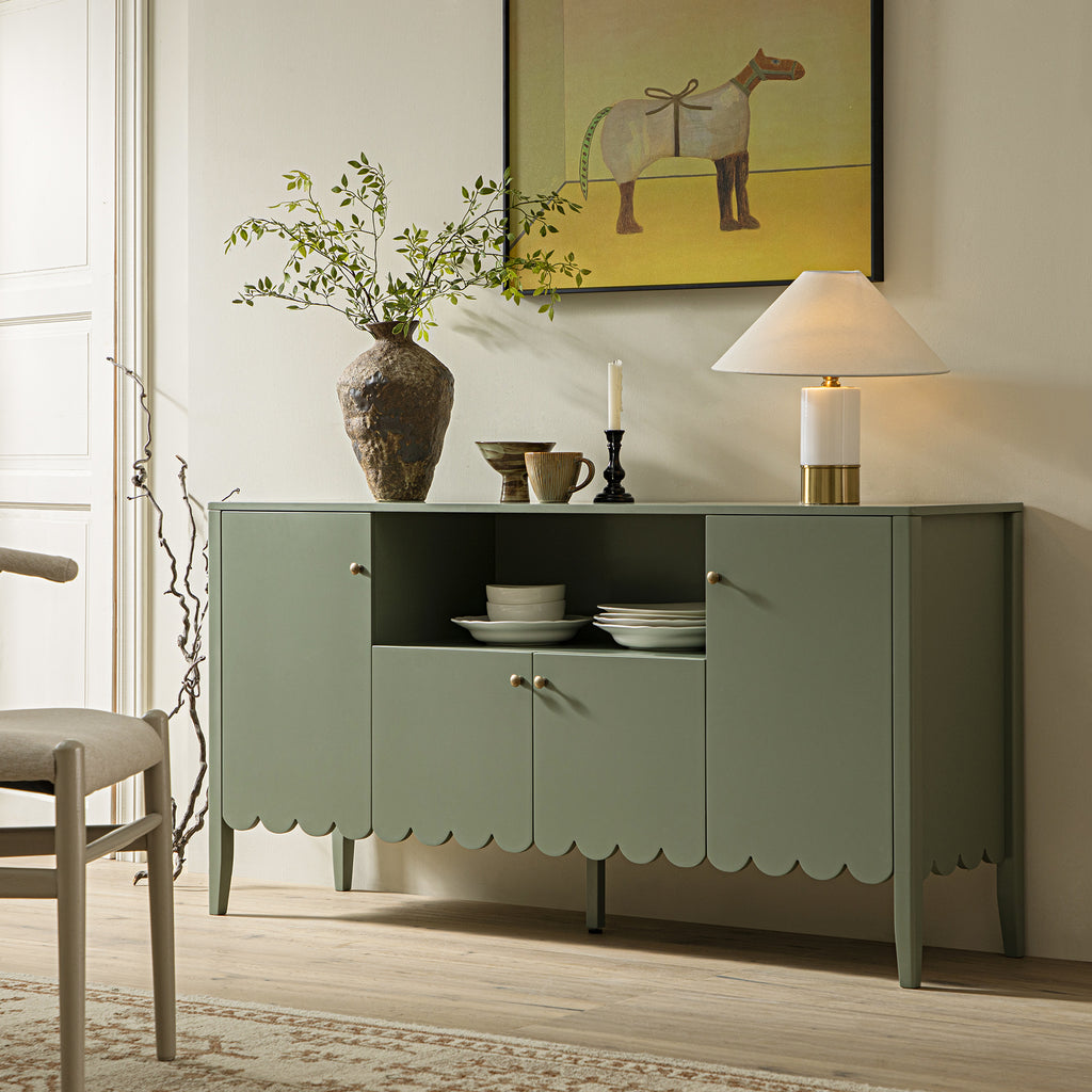 Henley Scalloped Edge 150cm Wide Sideboard with Open Shelf, Sage Green ...