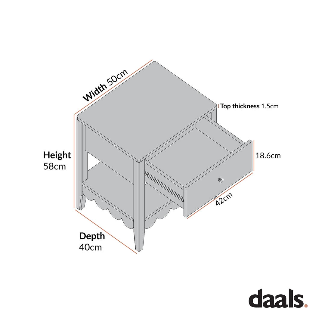 Henley Scalloped Edge Bedside Table with Drawer, Sage Green | daals