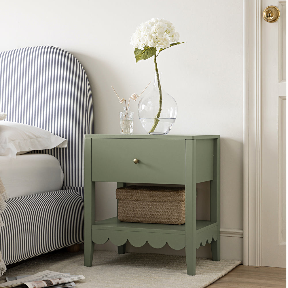 Henley Scalloped Edge Bedside Table with Drawer, Sage Green | daals