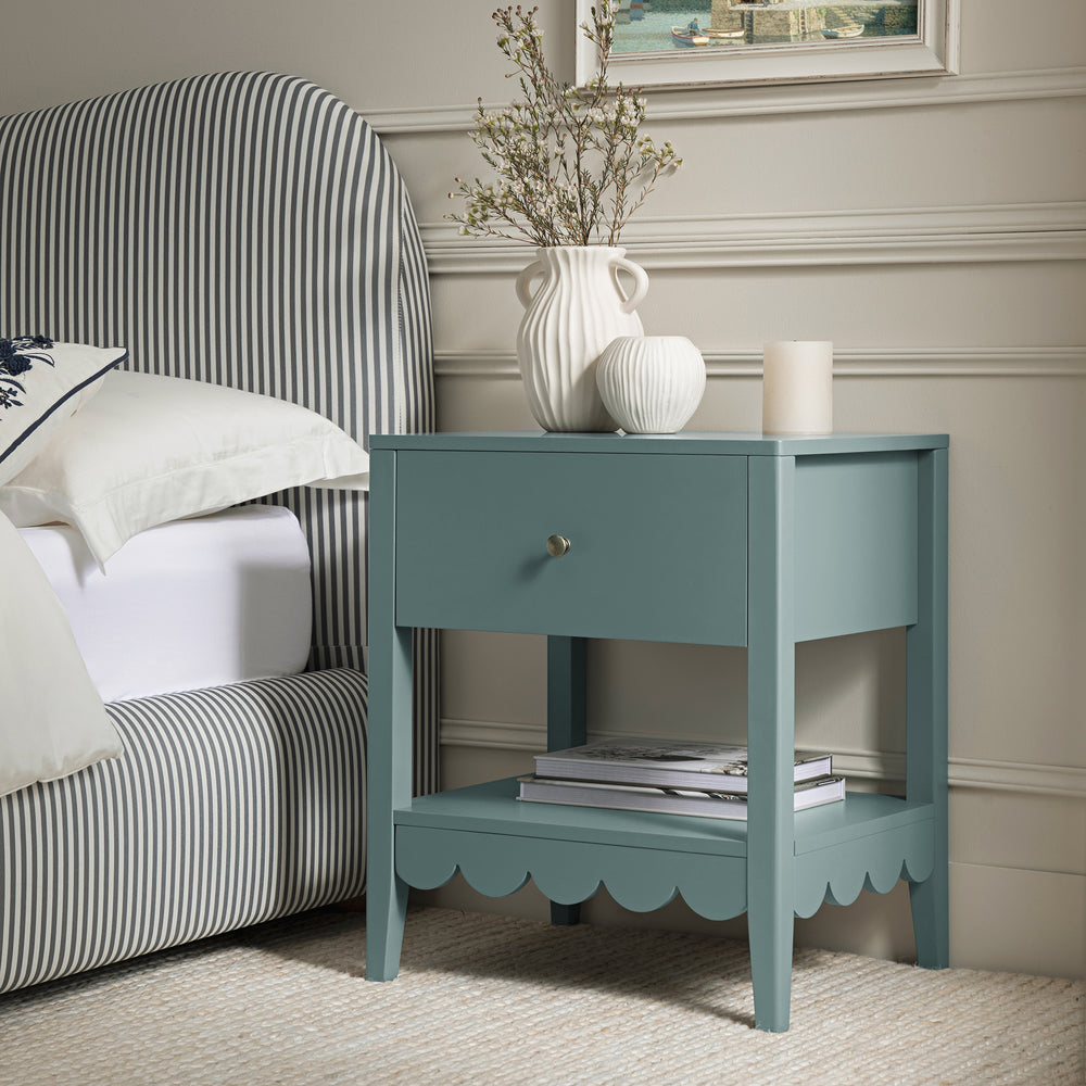 Henley Scalloped Edge Bedside Table with Drawer, Blue Spruce | daals