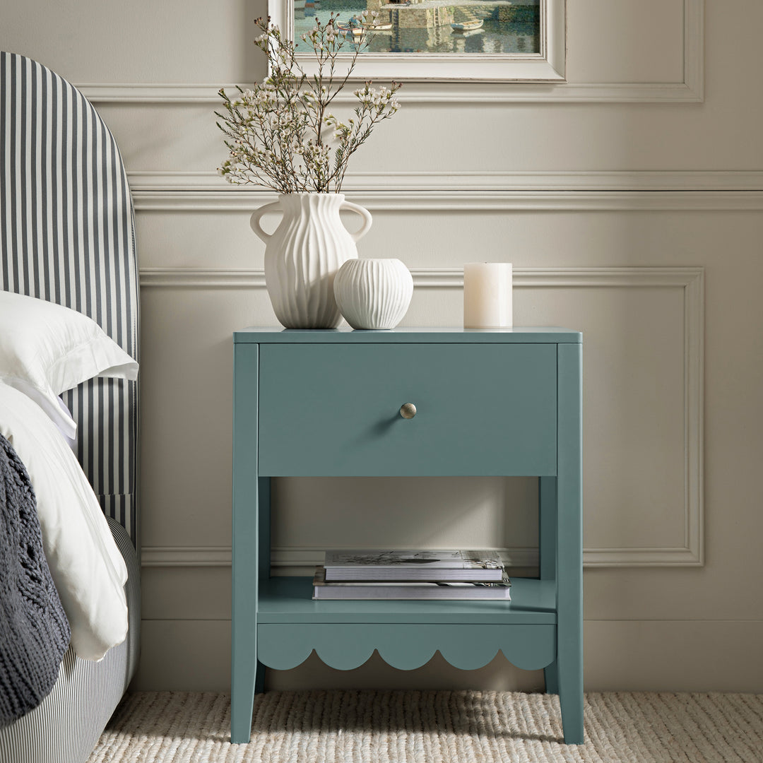 Henley Scalloped Edge Bedside Table with Drawer, Blue Spruce | daals