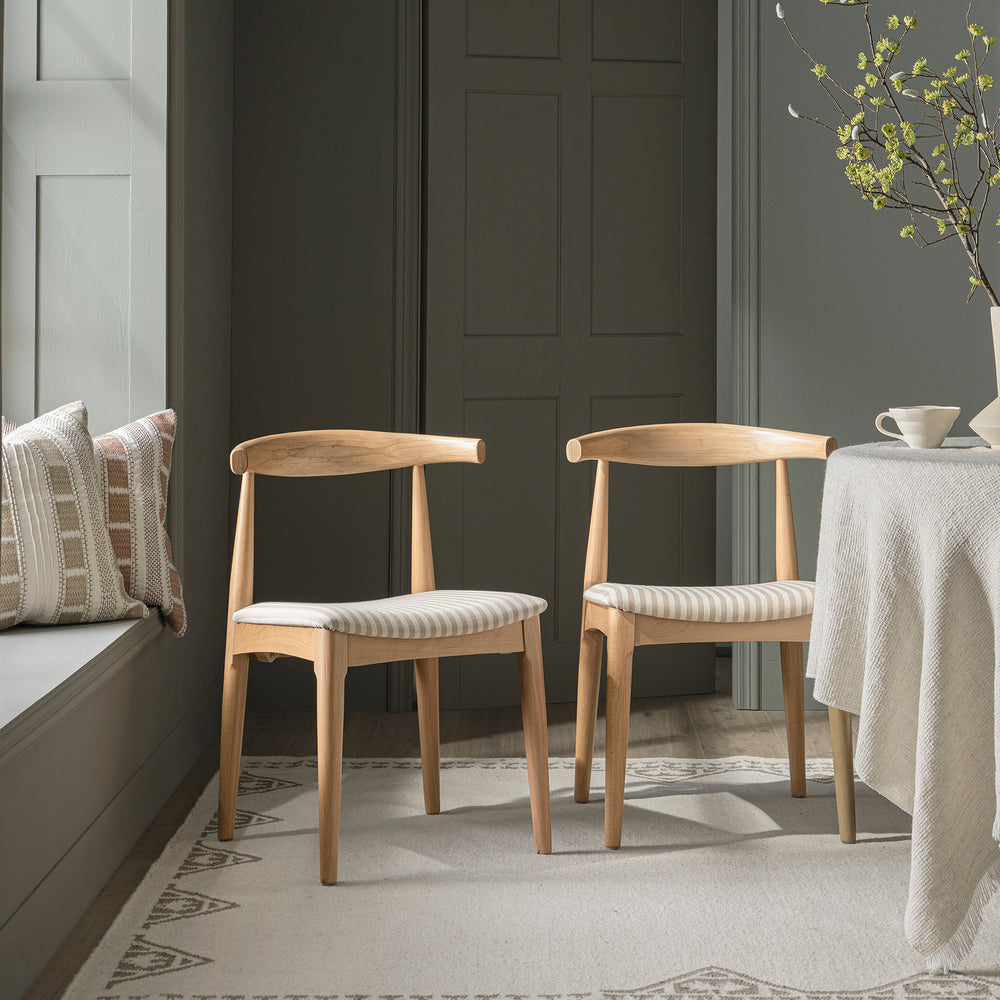 Arley Set of 2 Beech Wood Dining Chairs, Natural and Light Taupe Strip ...