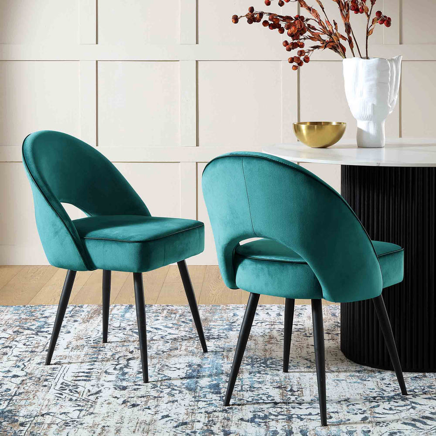 Oakley Set of 2 Teal Velvet Upholstered Dining Chairs with Contrast Pi ...