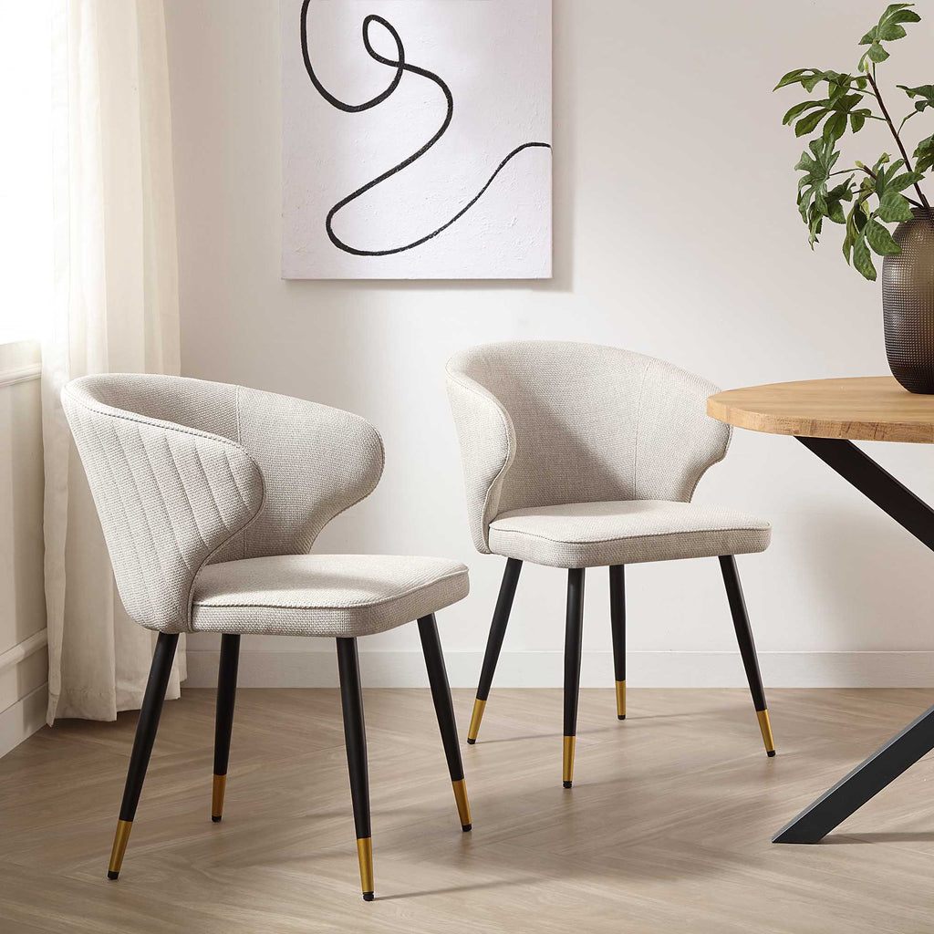 Langham Set of 2 Oatmeal Woven Fabric Carver Dining Chairs with Fluted ...