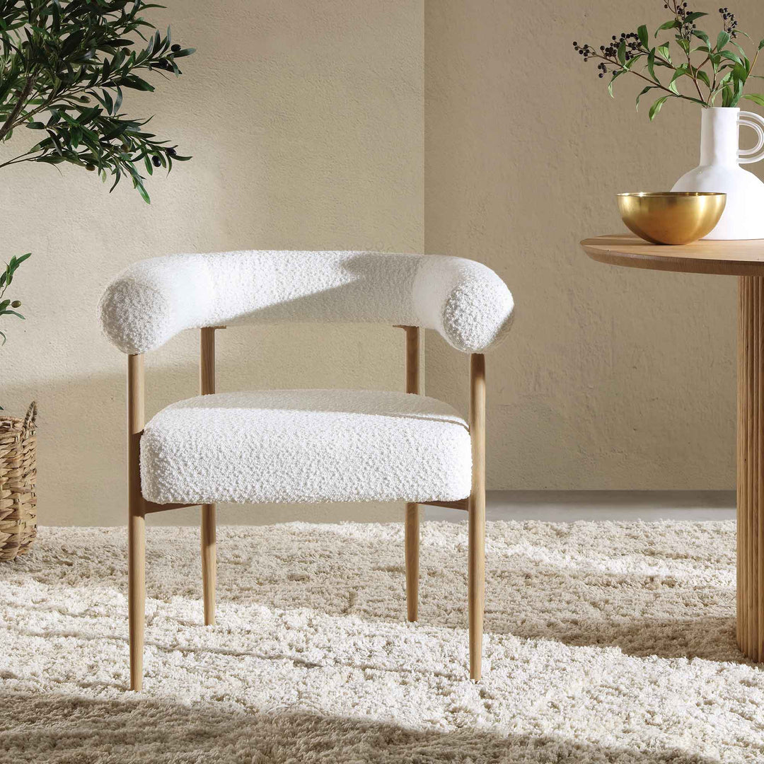 Fulbourn White Boucle Dining Chair with Natural Wood Effect Legs | daals