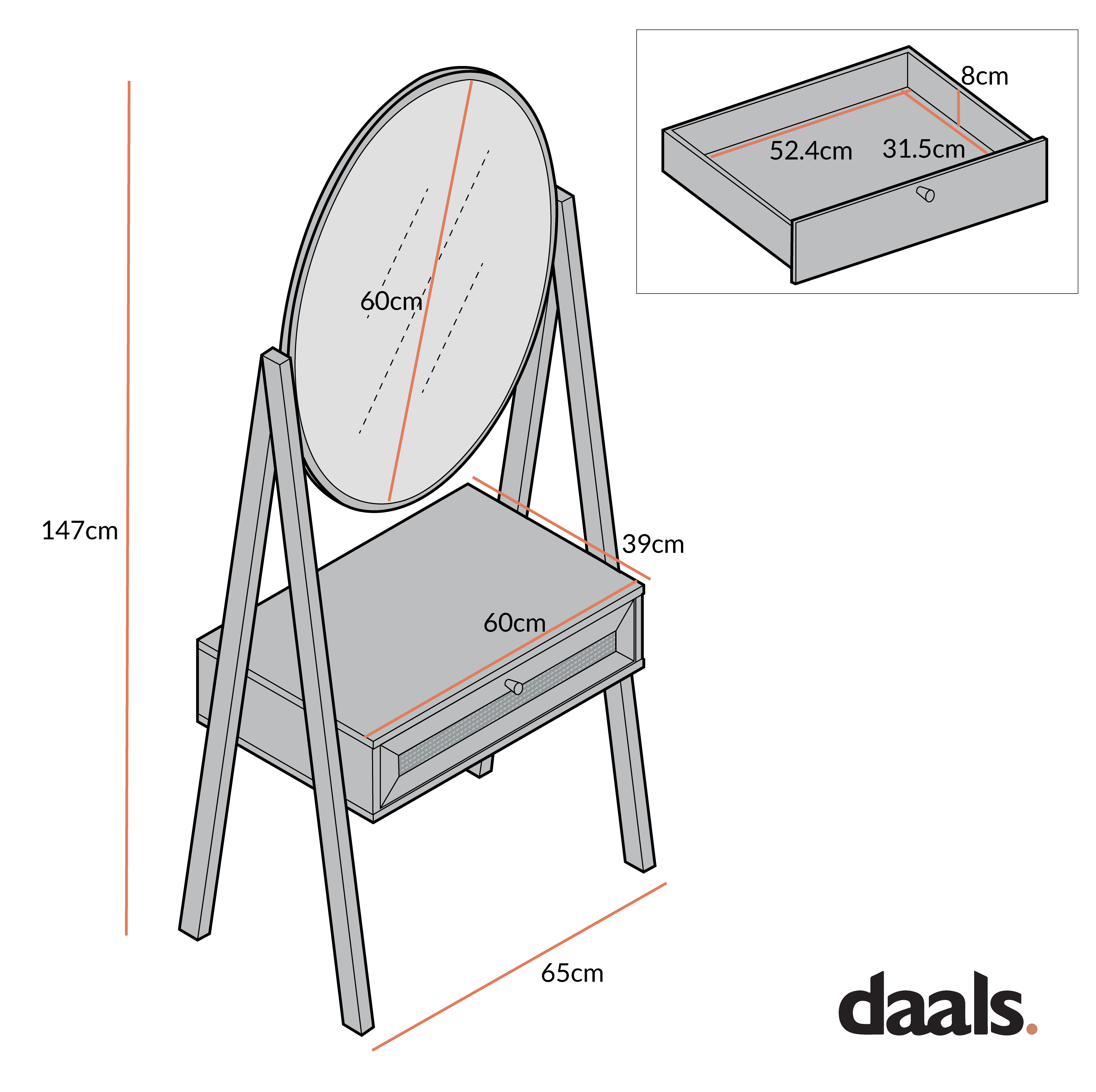 Frances Woven Rattan Standing Dressing Table with Mirror, Black | daals
