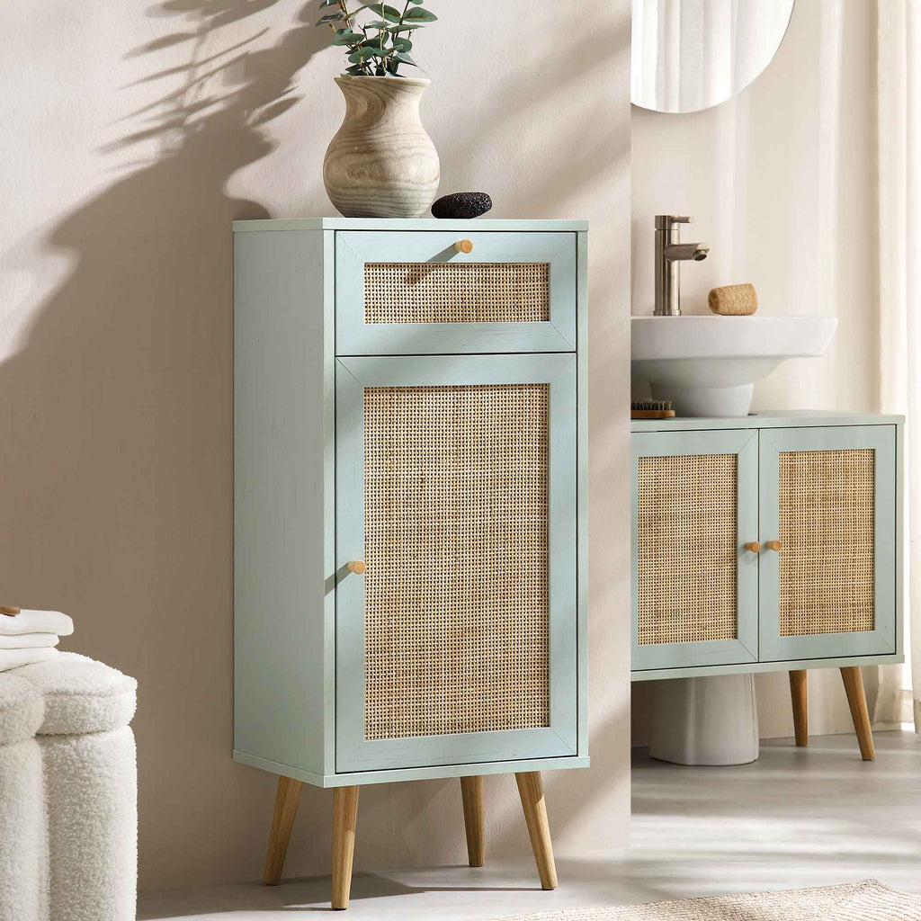 Frances Woven Rattan 1-Door Bathroom Cabinet, Mint | daals