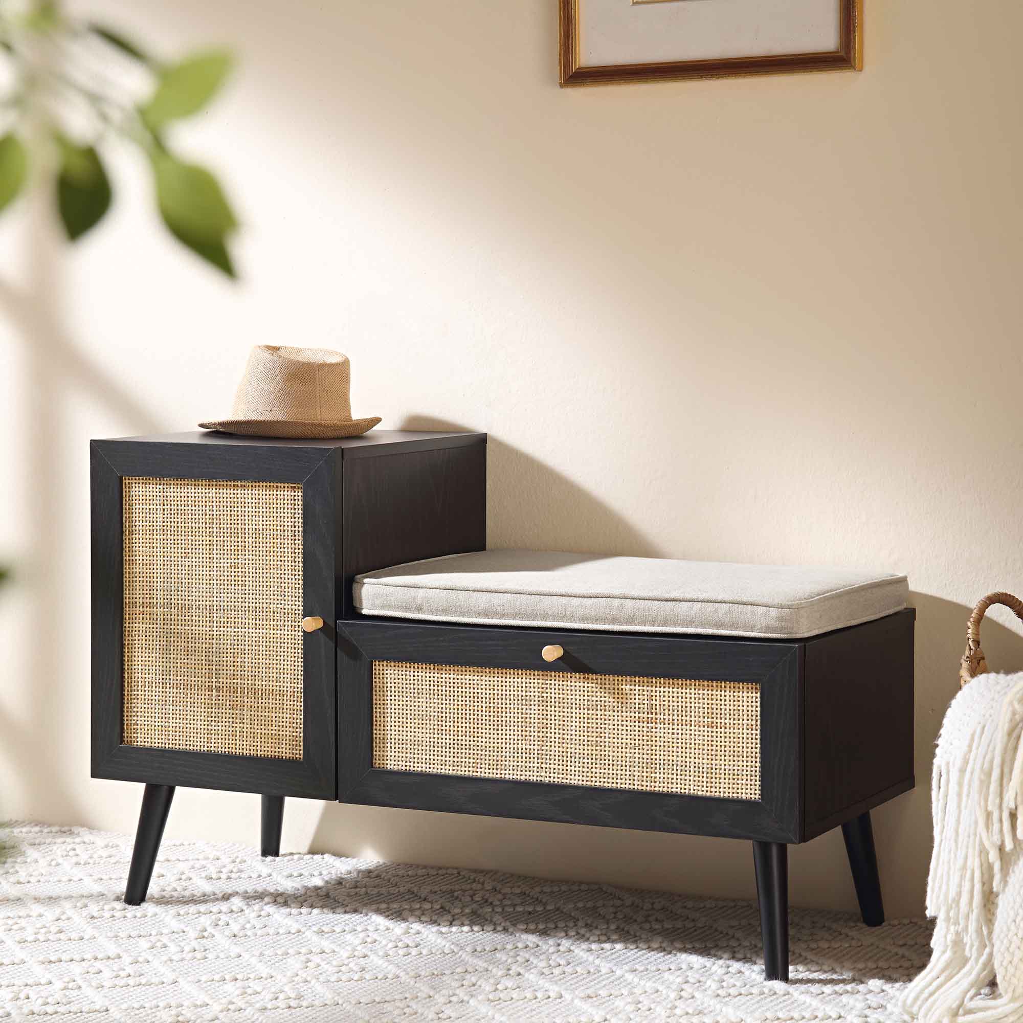 Frances Woven Rattan Storage Bench with Cushion, Black | daals