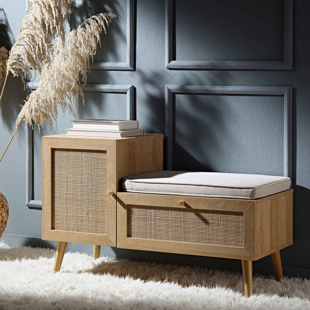 Frances Woven Rattan Storage Bench with Cushion, Natural | daals