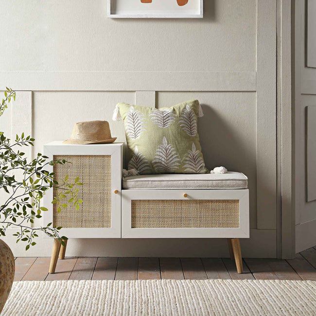Frances Woven Rattan Storage Bench with Cushion, White | daals