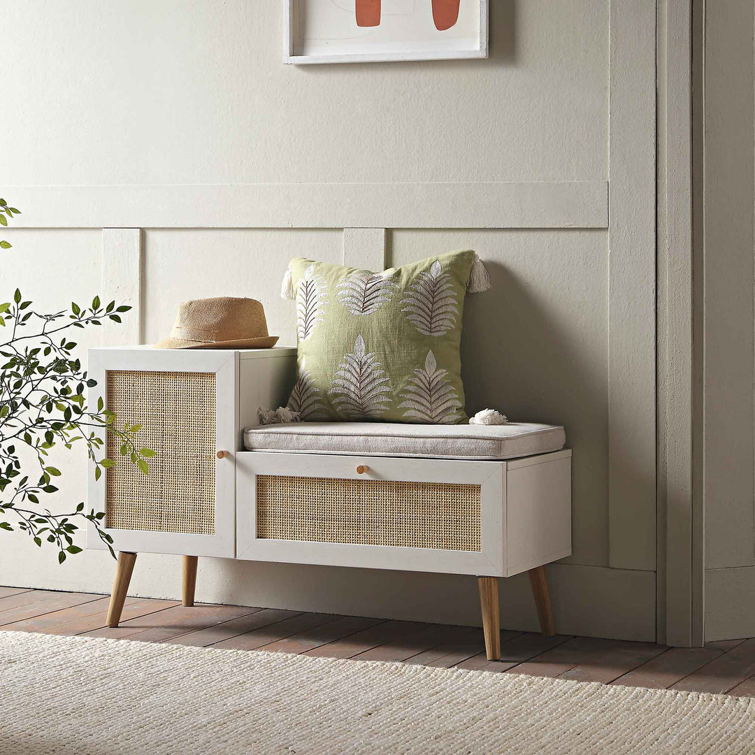 Frances Woven Rattan Storage Bench with Cushion, White | daals