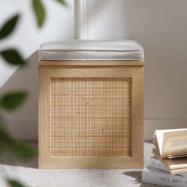 Frances Woven Rattan Single Storage Stool with Cushion, Natural | daals