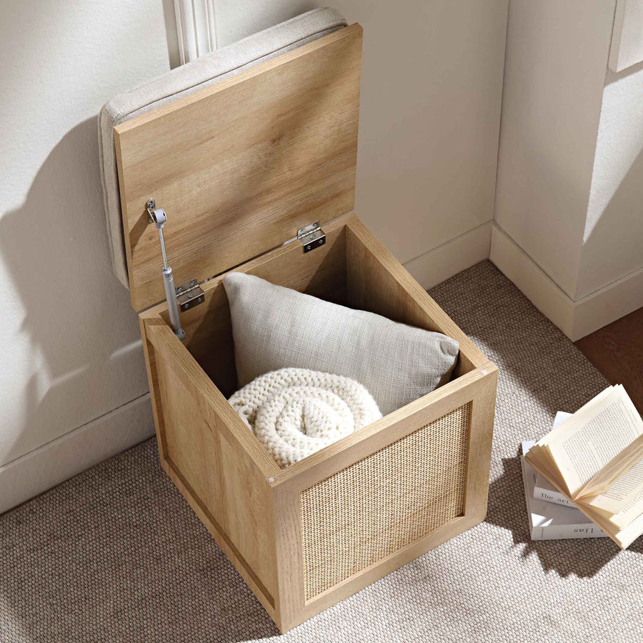 Frances Woven Rattan Single Storage Stool with Cushion, Natural | daals