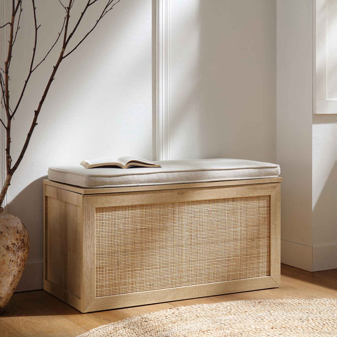 Frances Woven Rattan Double Storage Stool with Cushion, Natural | daals