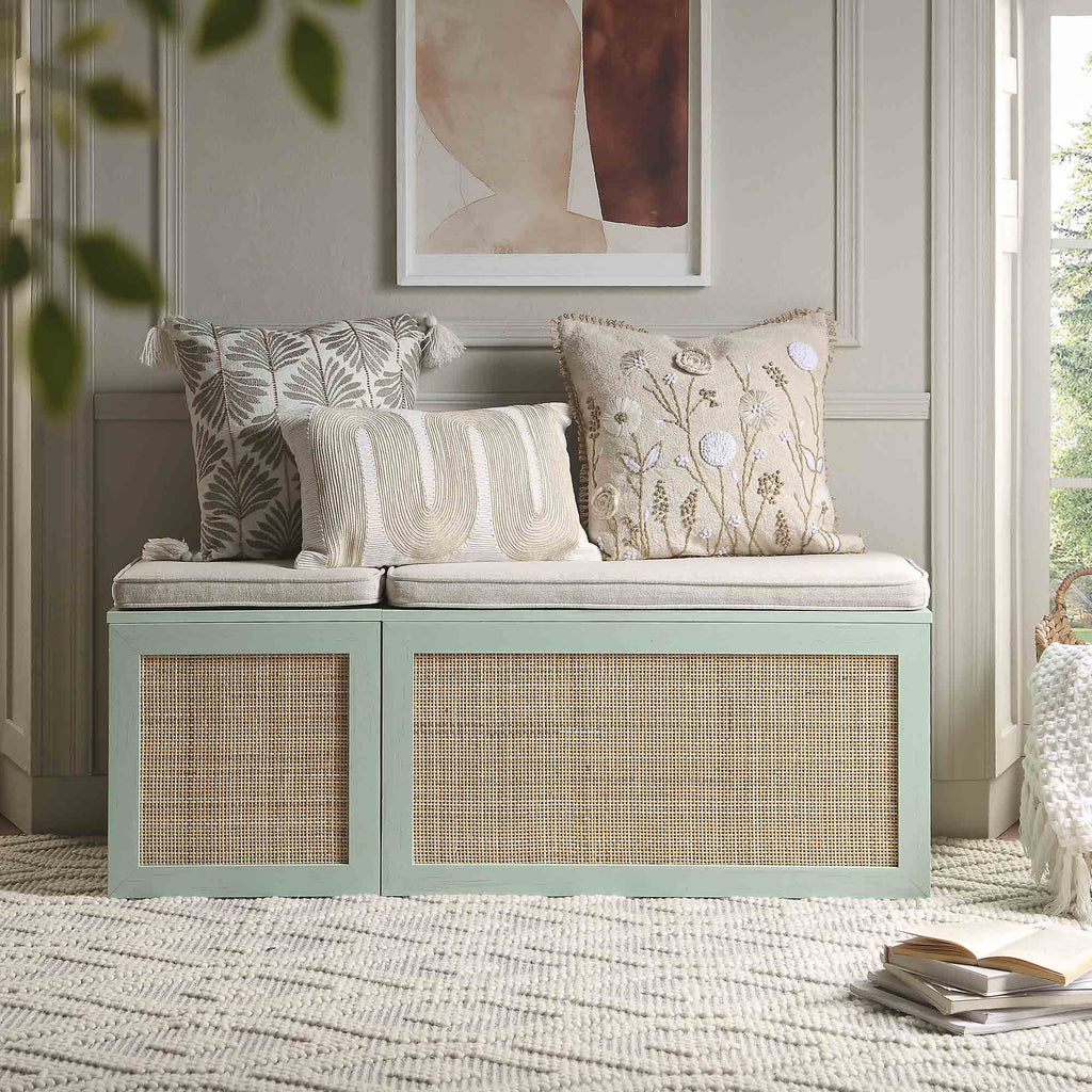 Frances Woven Rattan Triple Storage Stool Set with Cushion, Mint | daals