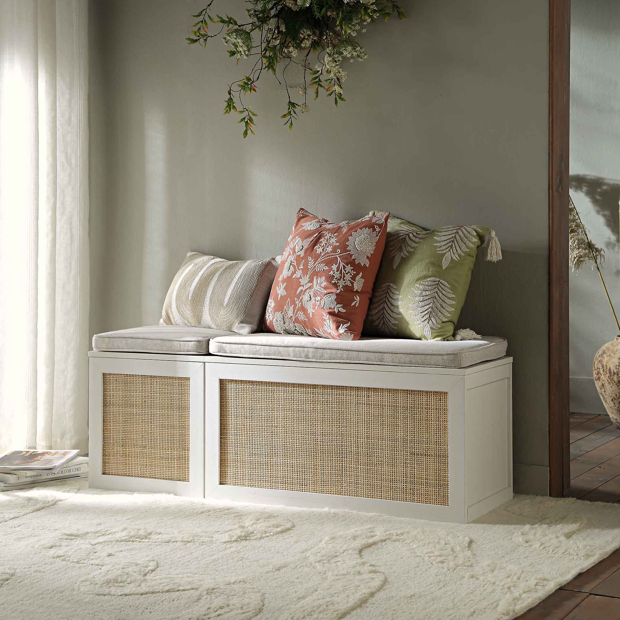 Frances Woven Rattan Triple Storage Stool Set with Cushion, White | daals