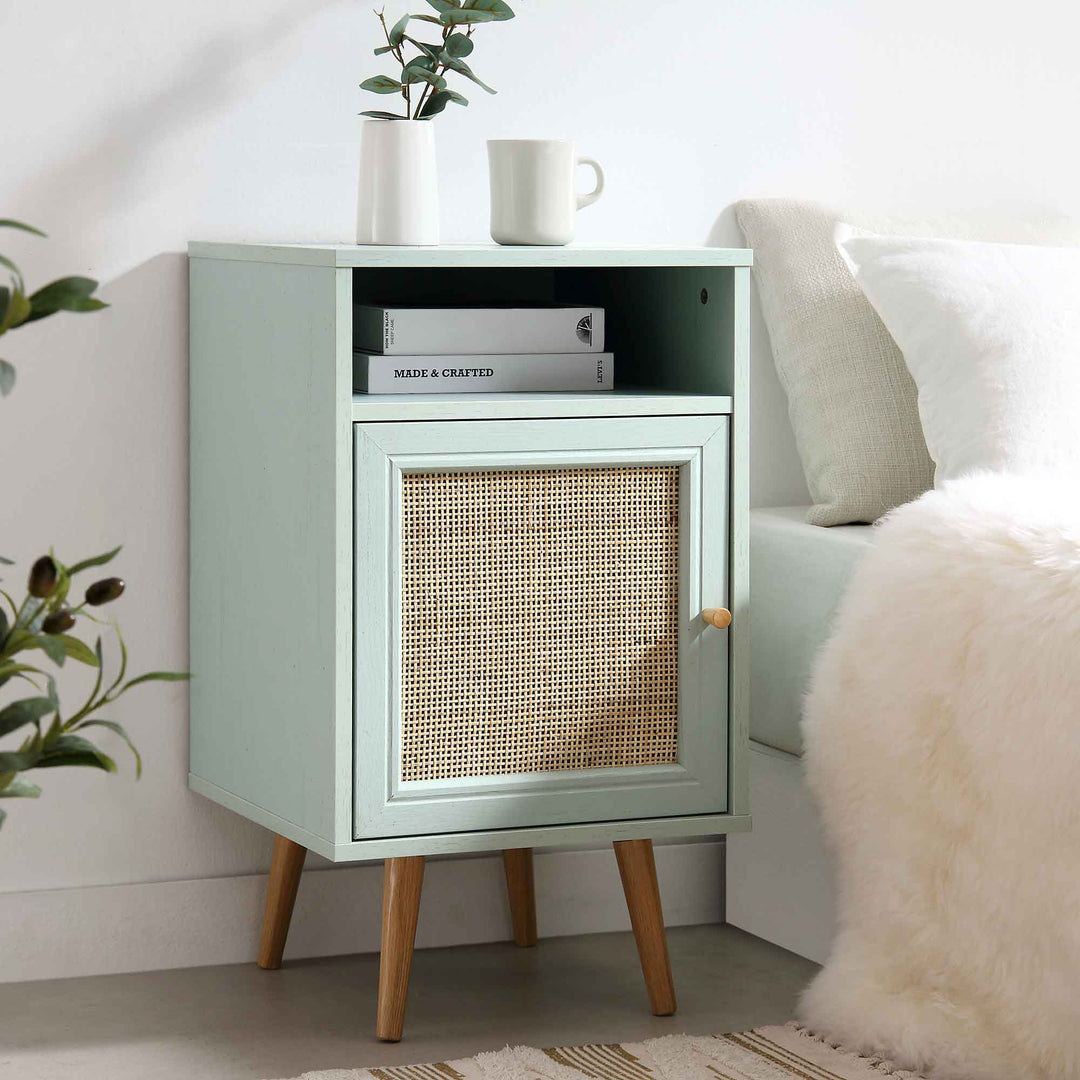 Frances Woven Rattan 1-Door Bedside Table in Mint | daals