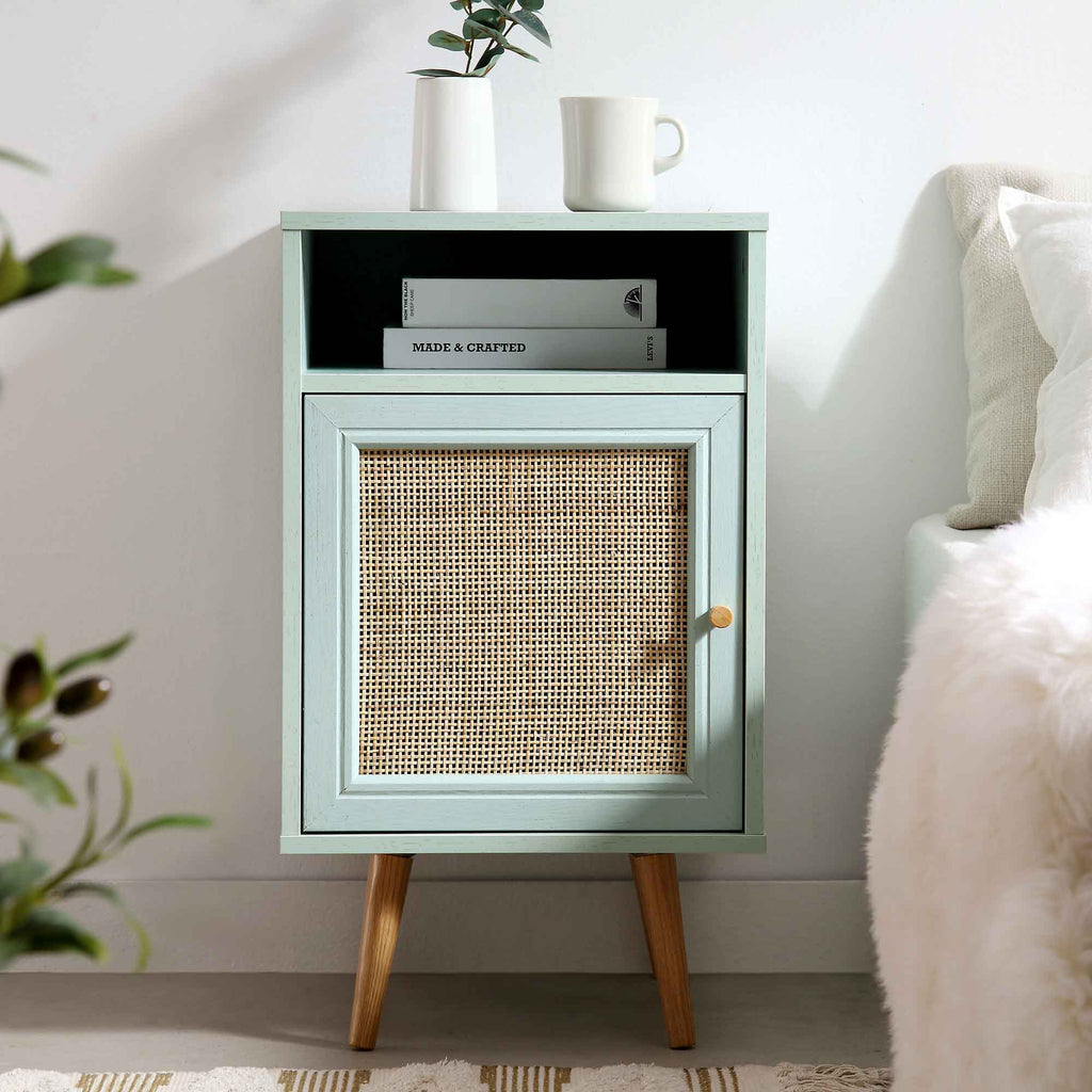 Frances Woven Rattan 1-Door Bedside Table in Mint | daals