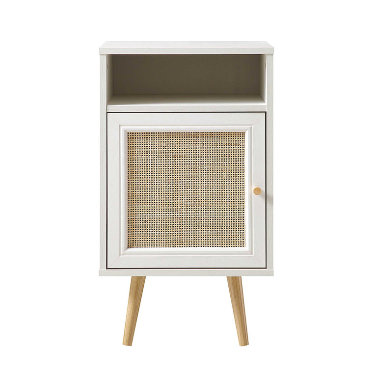 Frances Woven Rattan 1-Door Bedside Table in White | daals