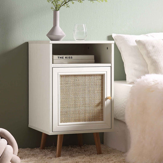 Frances Woven Rattan 1-Door Bedside Table in White | daals