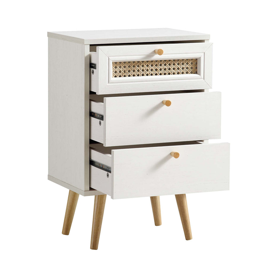 Anya Woven Rattan 3-Drawer Bedside Table in White | daals