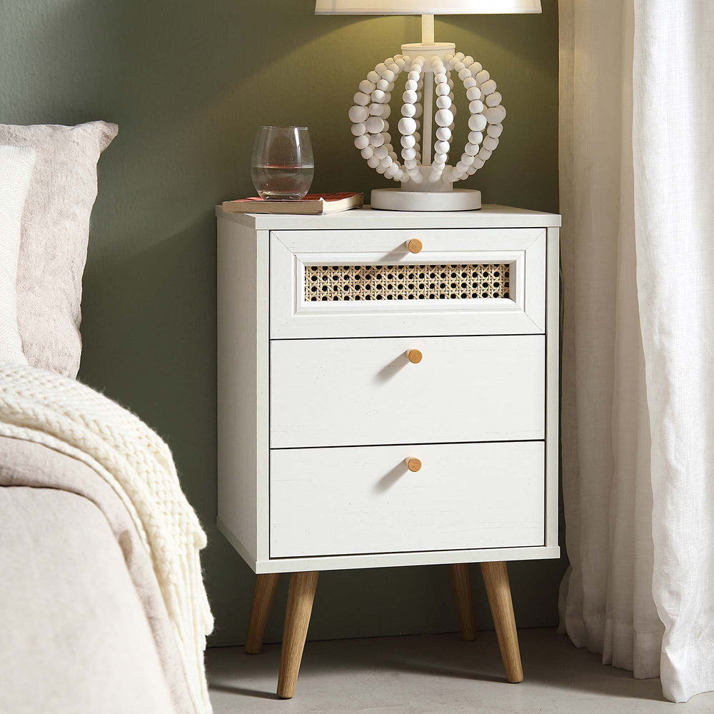 Anya Woven Rattan 3-Drawer Bedside Table in White | daals