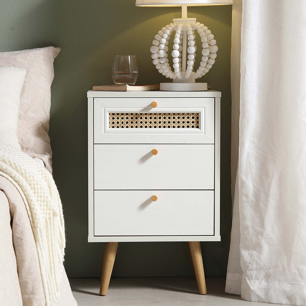 Anya Woven Rattan 3-Drawer Bedside Table in White | daals
