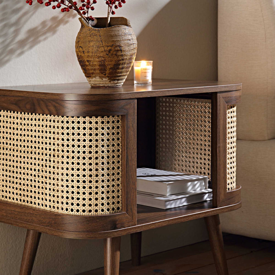 Izzy Curved Rattan Bedside Table, Walnut | daals