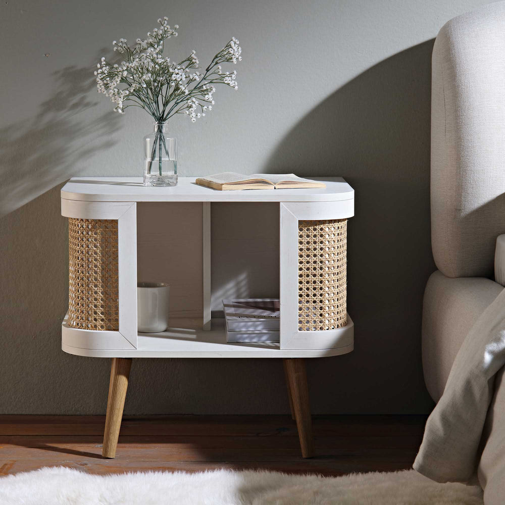 Izzy Curved Rattan Bedside Table, White | daals