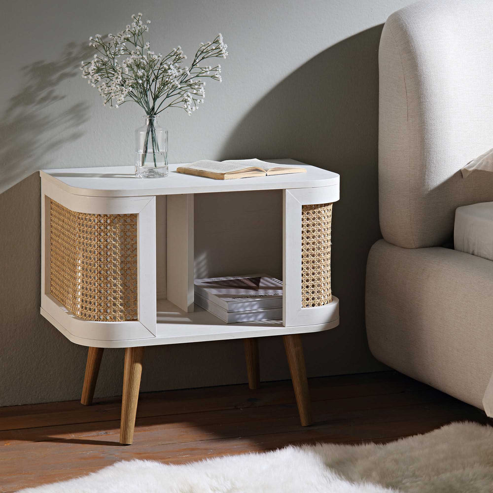 Izzy Curved Rattan Bedside Table, White | daals