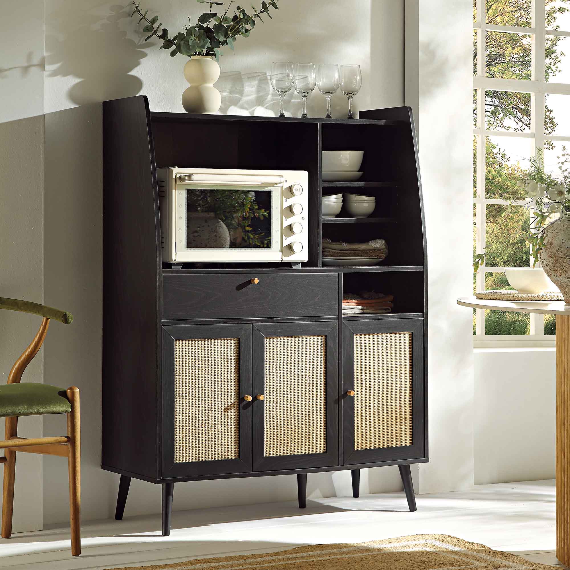 Frances Woven Rattan Kitchen Cabinet, Black | daals