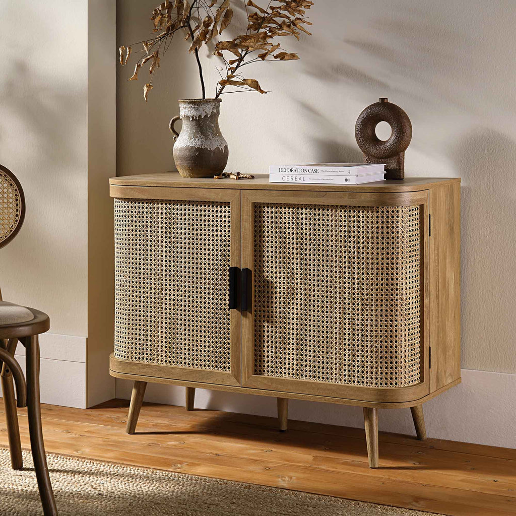 Izzy Curved Rattan 2-Door Small Sideboard, Natural | daals