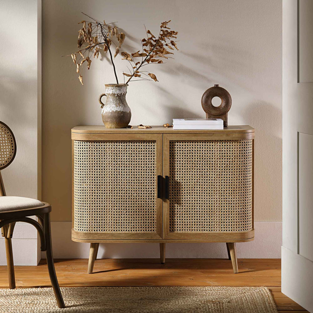 Izzy Curved Rattan 2-Door Small Sideboard, Natural | daals