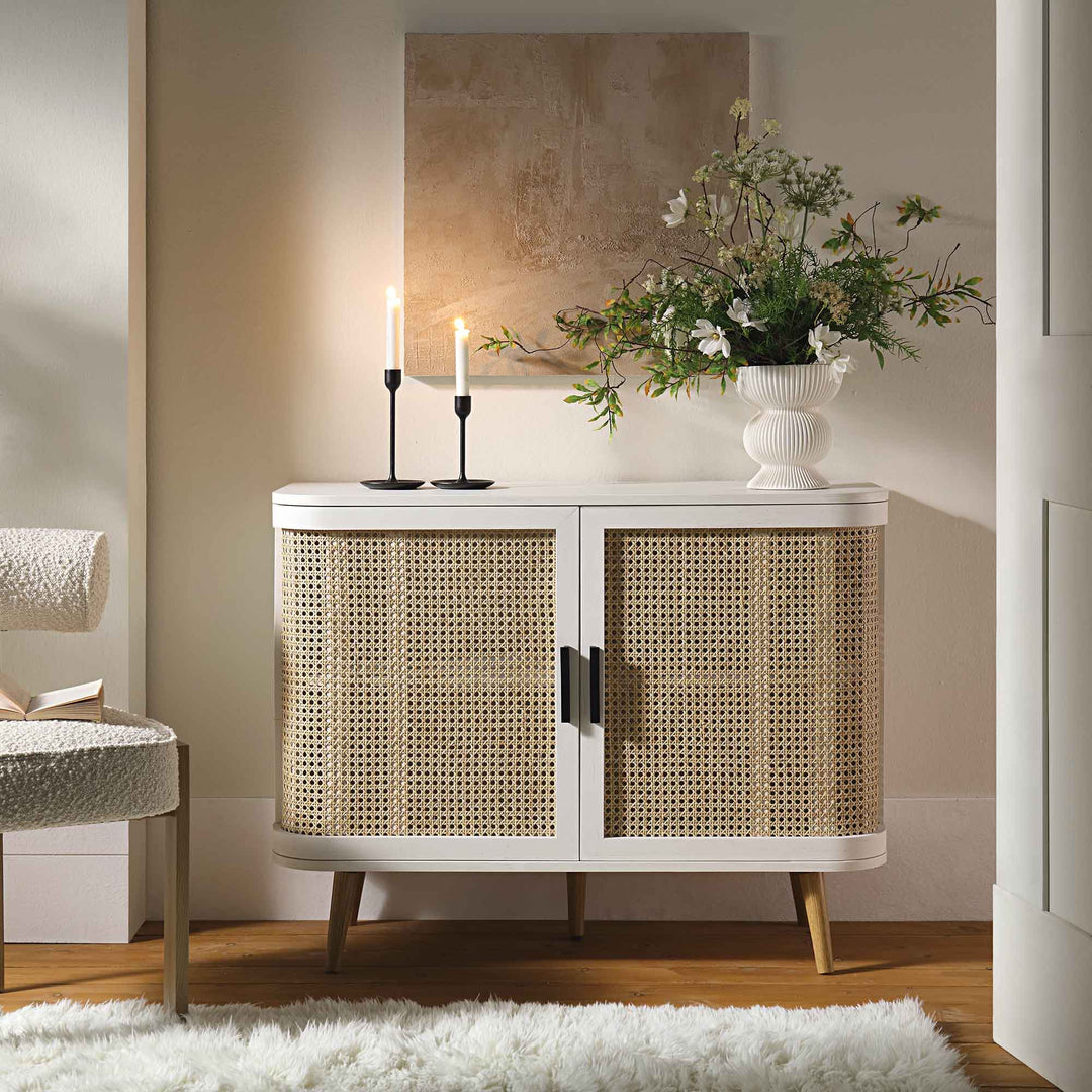 Izzy Curved Rattan 2-Door Small Sideboard, White | daals