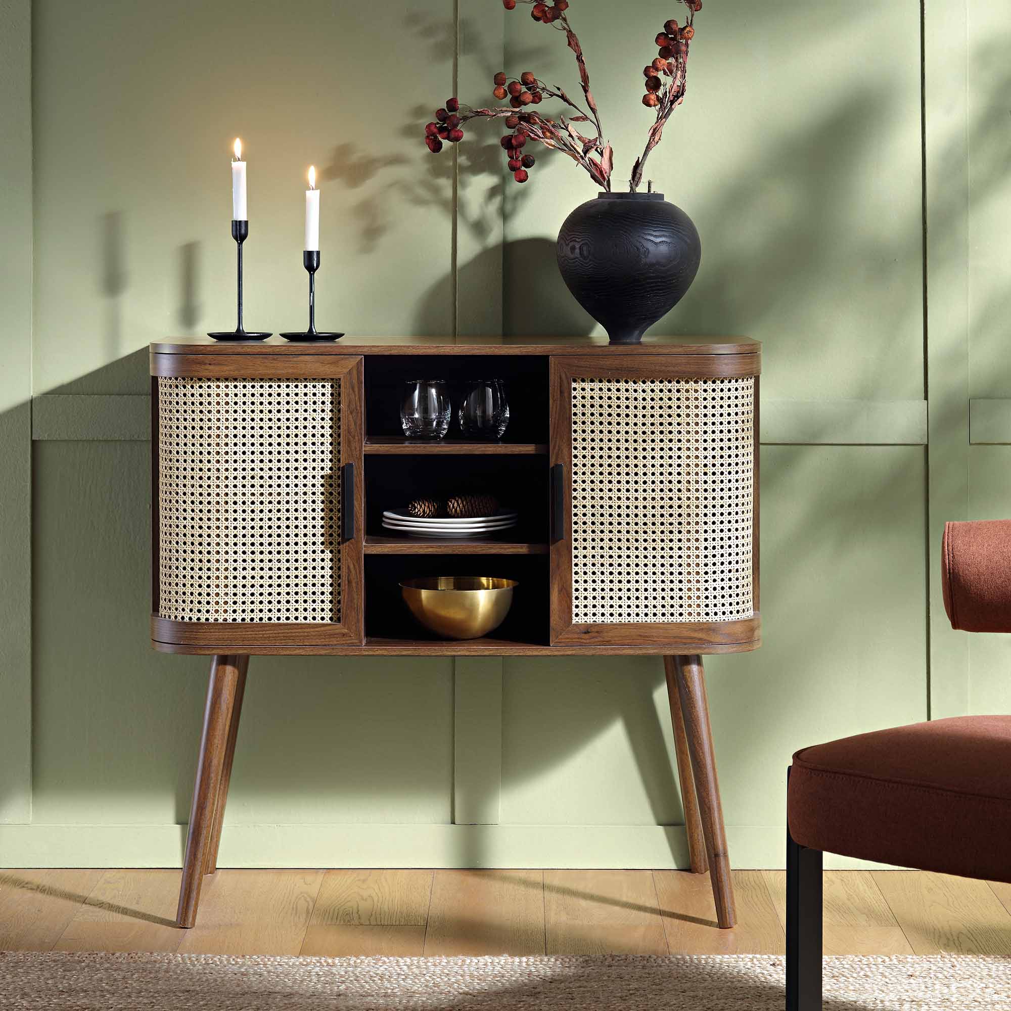 Izzy Curved Rattan 2-Door Buffet Sideboard, Walnut | daals