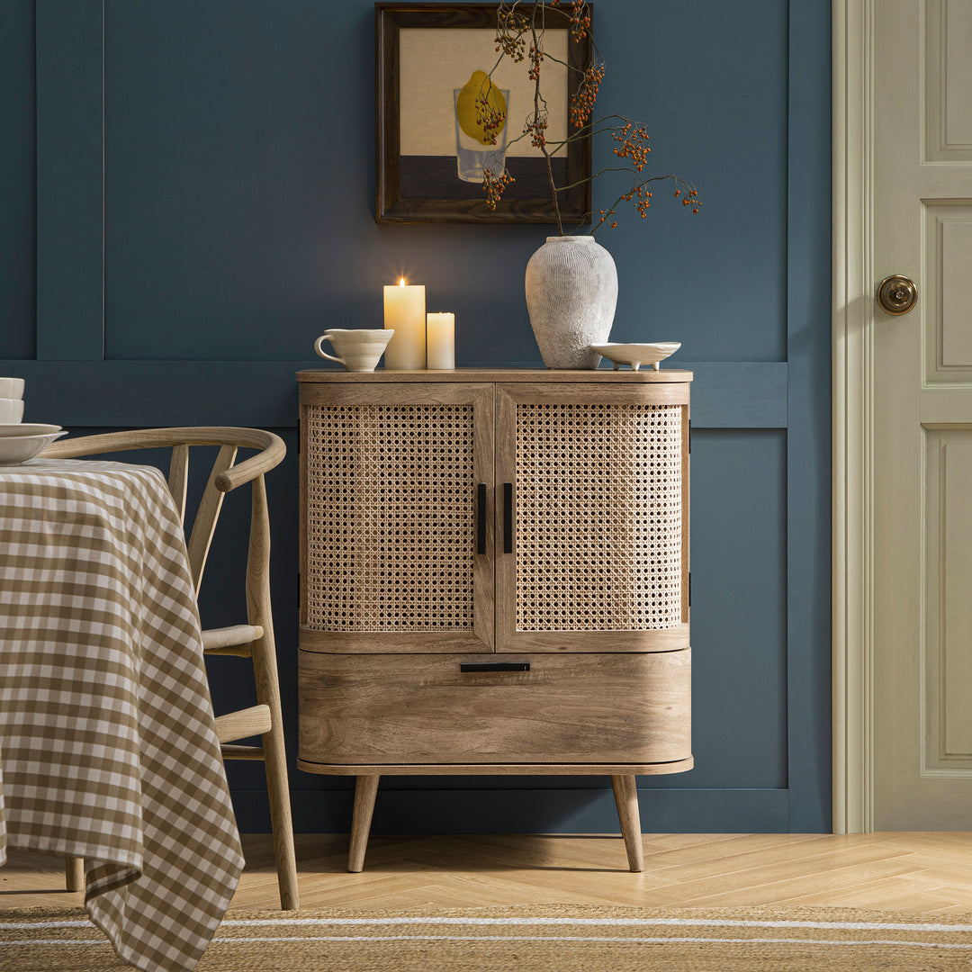Izzy Curved Rattan 1-Drawer Small Sideboard, Natural | daals