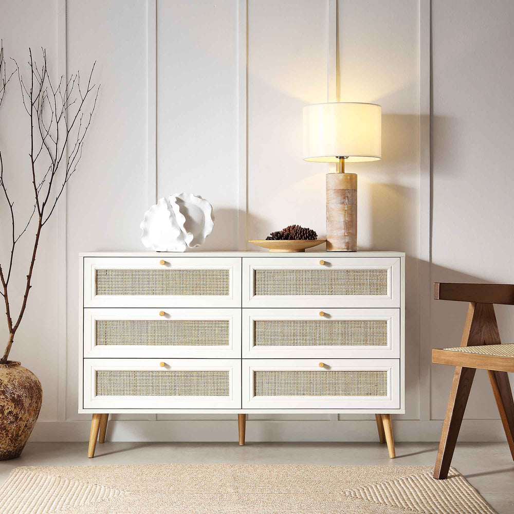Frances Woven Rattan Chest of 6 Drawers, White | daals