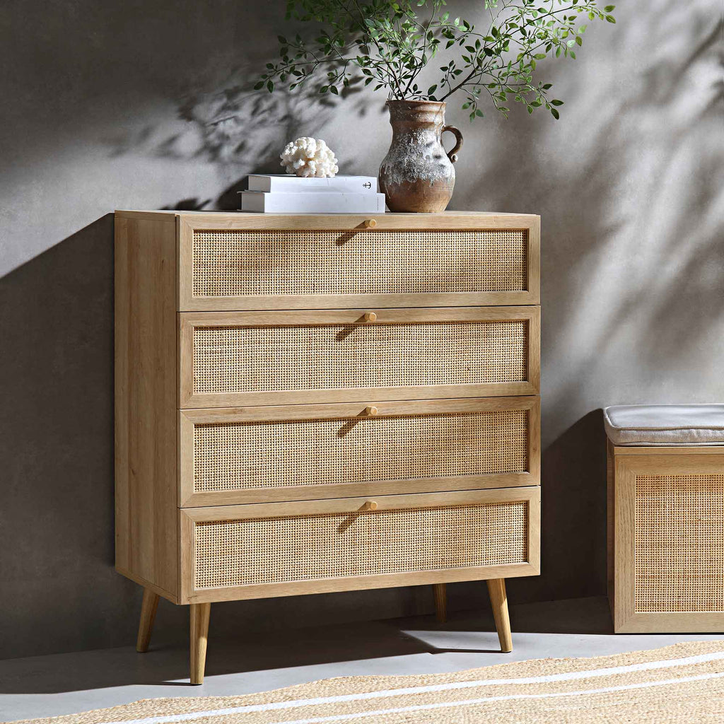 Frances Woven Rattan Tall Chest of 4 Drawers, Natural | daals