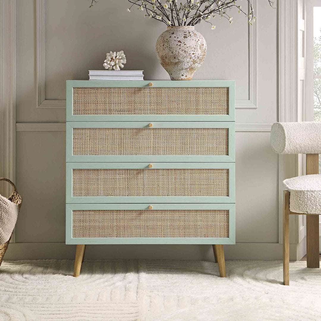 Frances Woven Rattan Tall Chest of 4 Drawers, Mint | daals