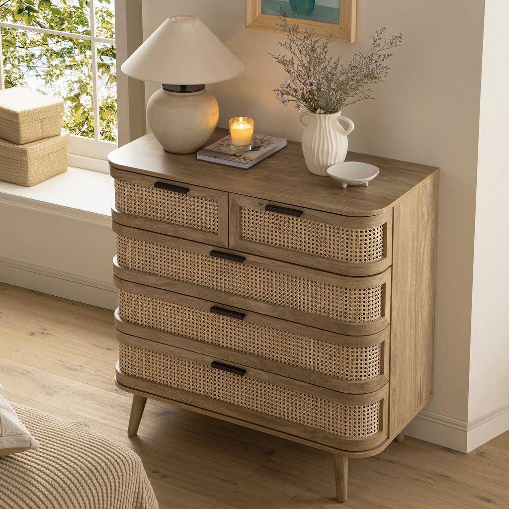 Izzy Curved Rattan Chest of 5 Drawers, Natural | daals