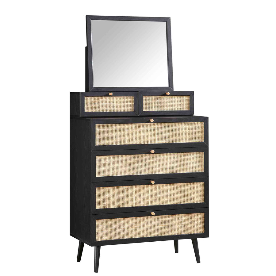 Frances Woven Rattan Tall Vanity Chest with Mirror, Black | daals