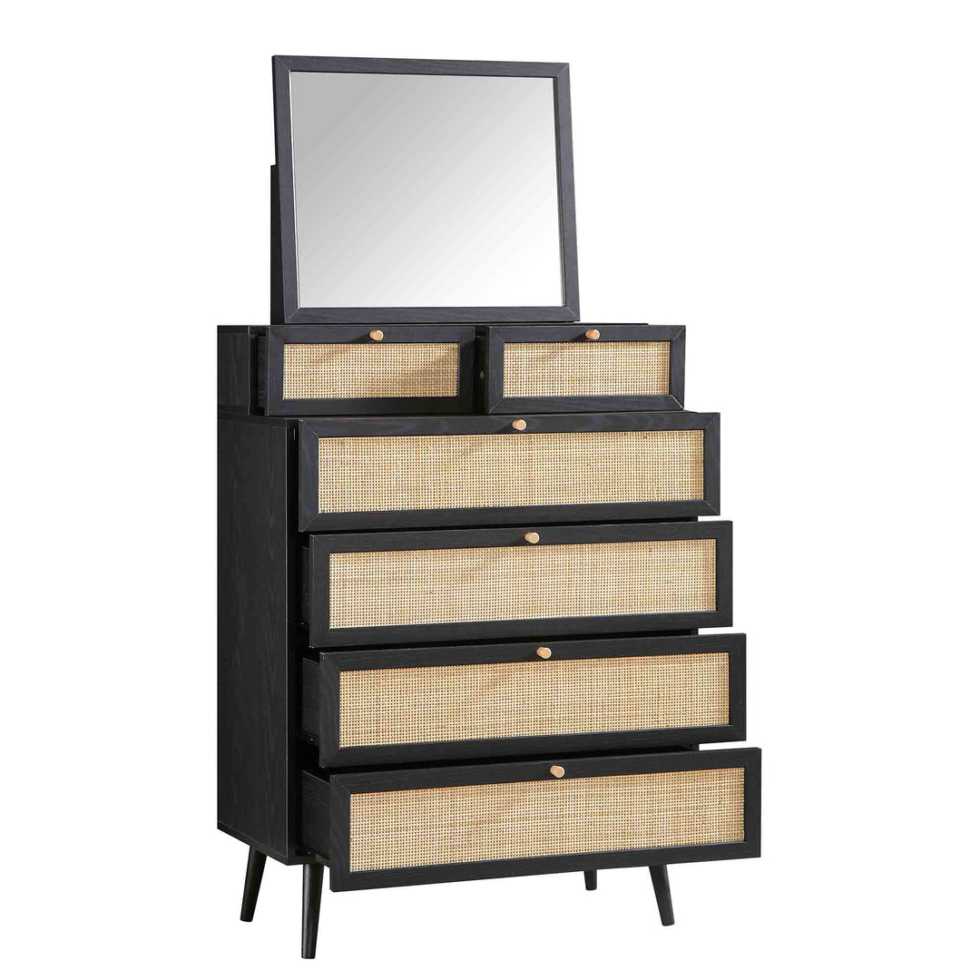 Frances Woven Rattan Tall Vanity Chest with Mirror, Black | daals