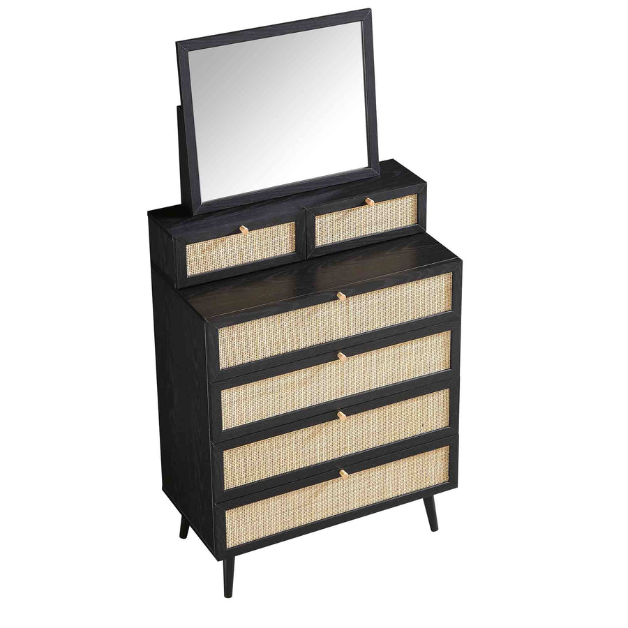 Frances Woven Rattan Tall Vanity Chest with Mirror, Black | daals