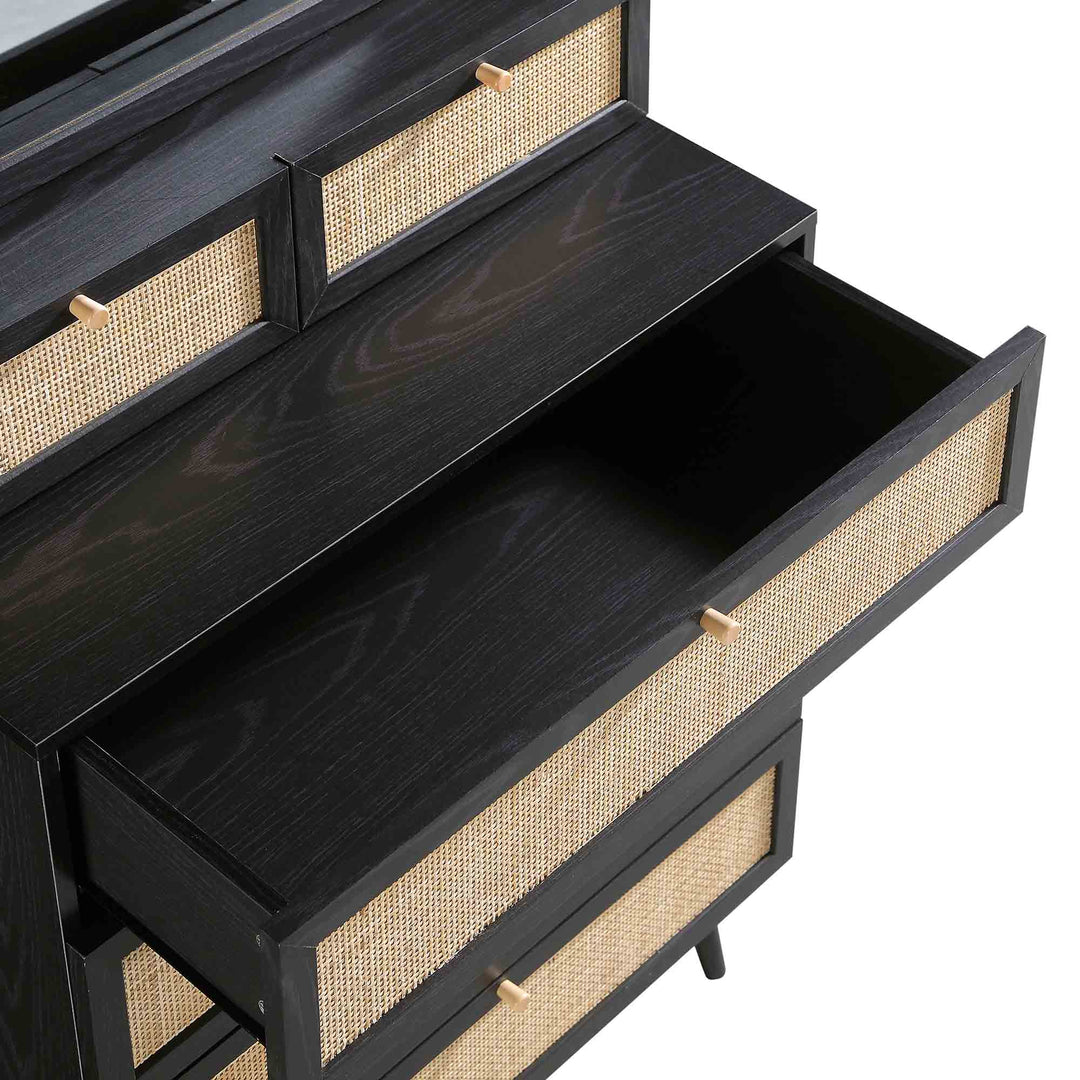 Frances Woven Rattan Tall Vanity Chest with Mirror, Black | daals