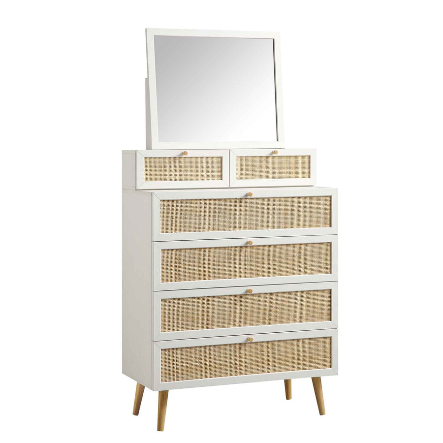Frances Woven Rattan Tall Vanity Chest with Mirror, White | daals