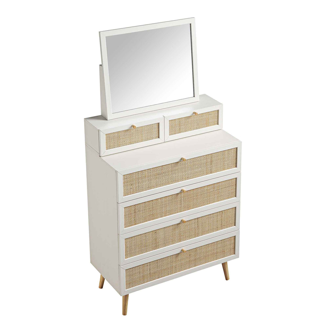 Frances Woven Rattan Tall Vanity Chest with Mirror, White | daals