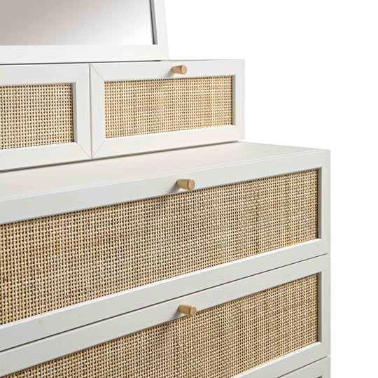 Frances Woven Rattan Tall Vanity Chest with Mirror, White | daals