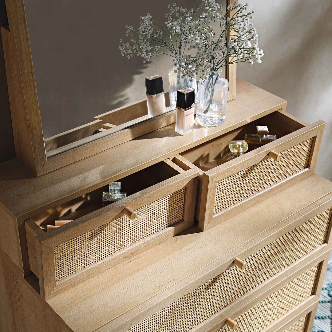 Frances Woven Rattan Tall Vanity Chest with Mirror, Natural | daals