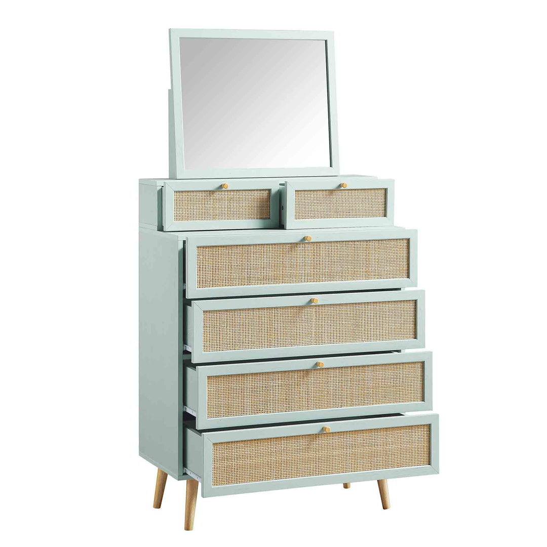 Frances Woven Rattan Tall Vanity Chest with Mirror, Mint | daals